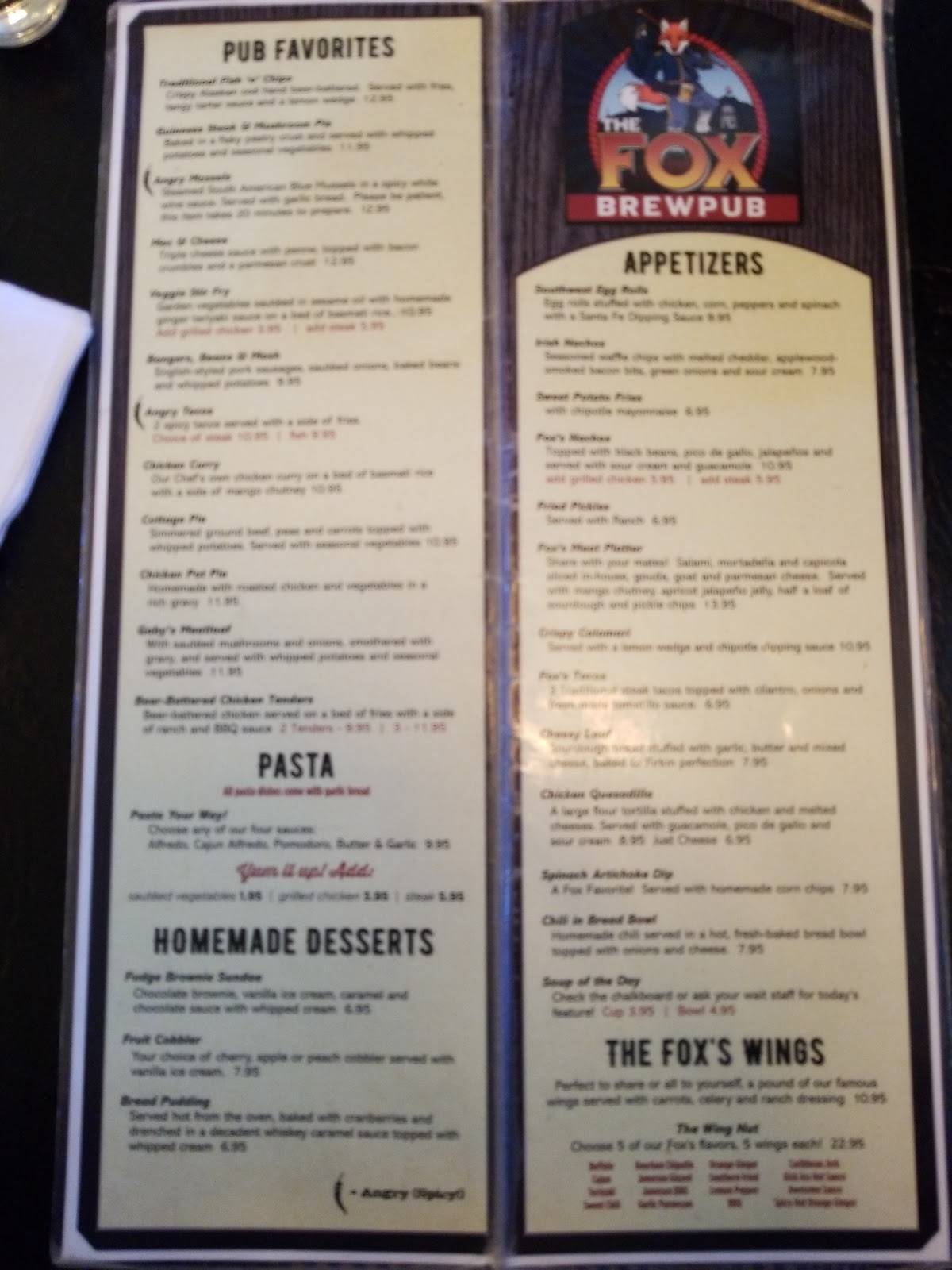 Menu at The Fox Brewery & Pub, Carson City
