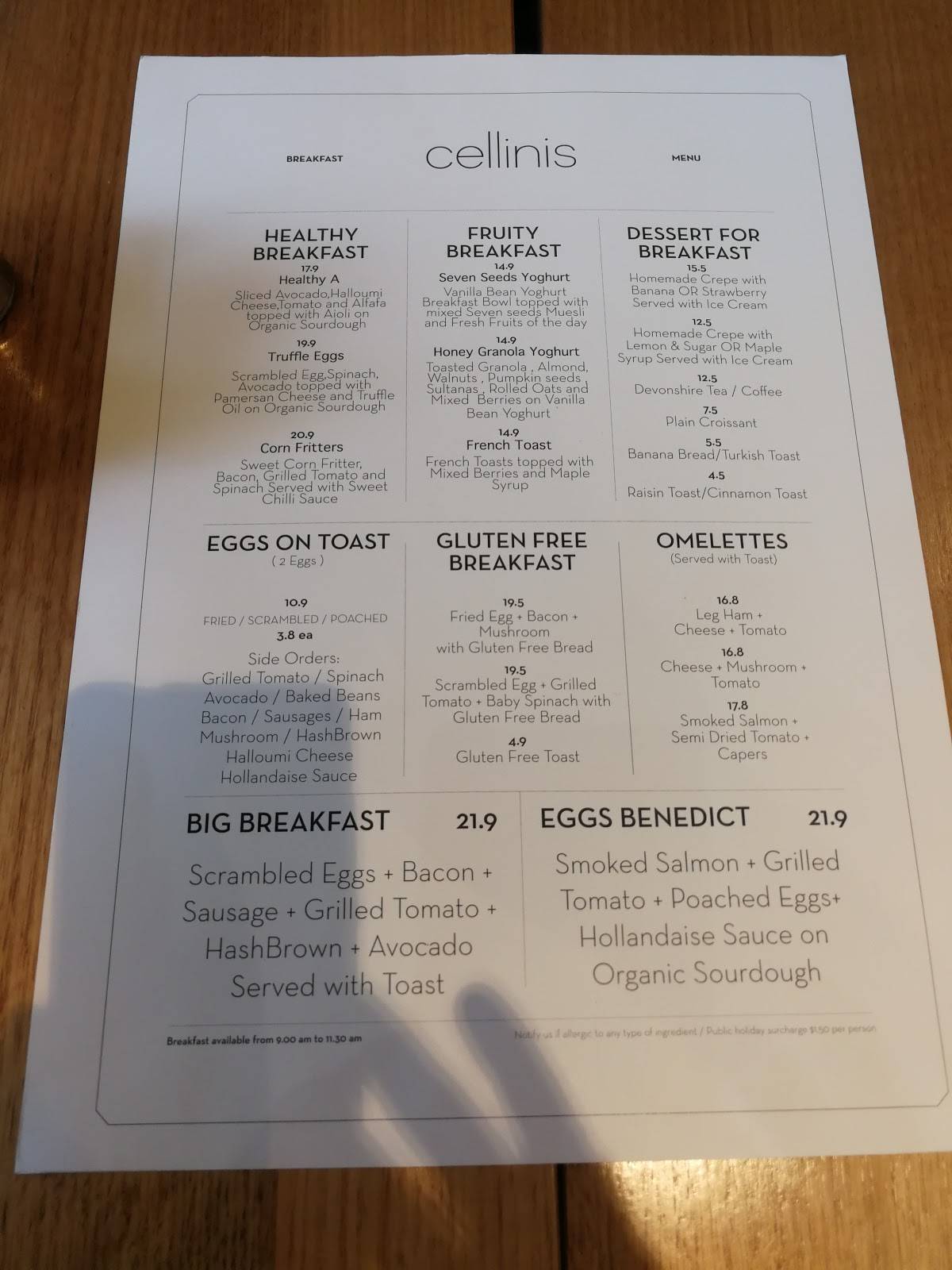 Menu at Cellinis Restaurant and Bar, Sydney, Queen Victoria Building