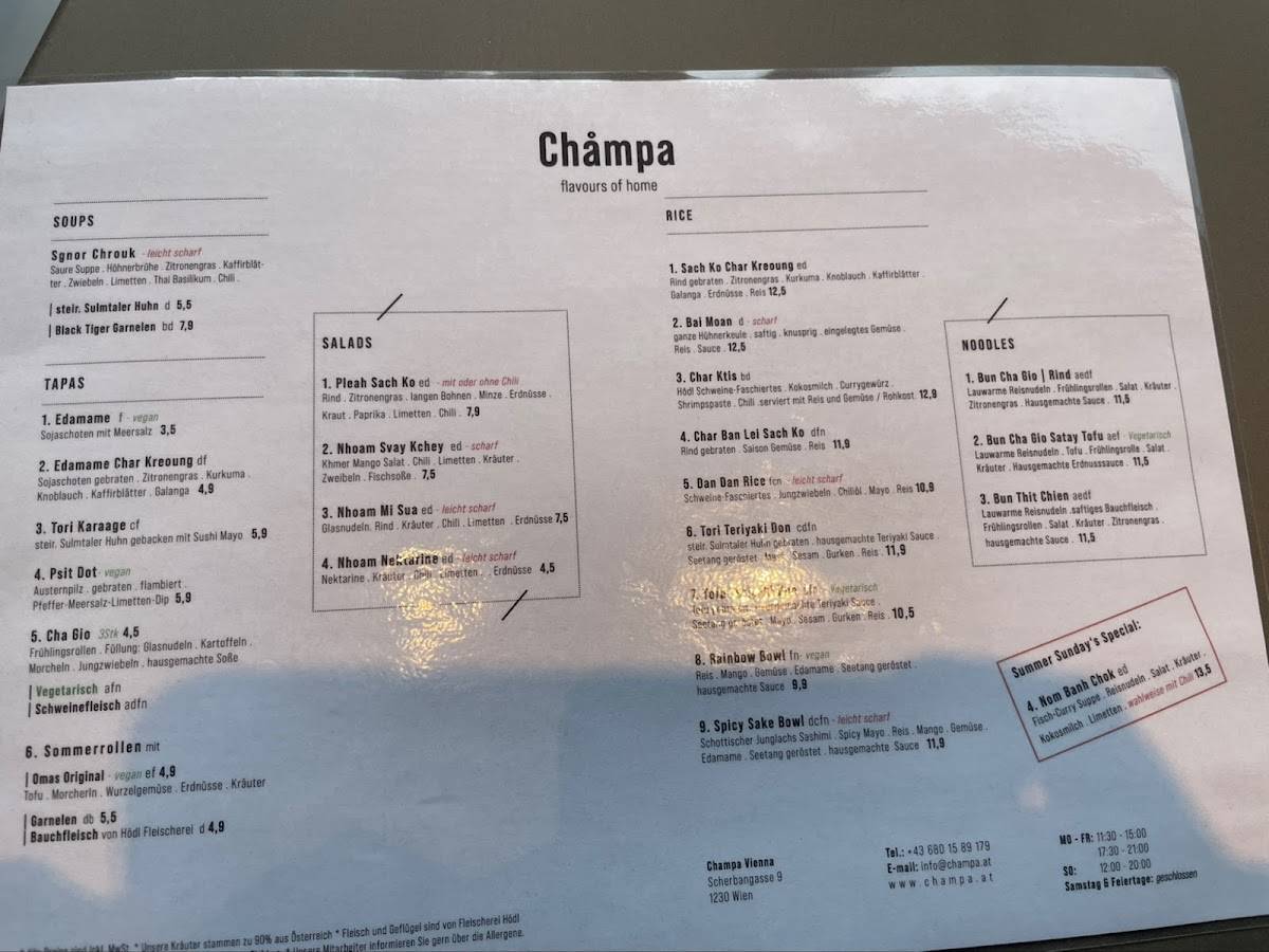 Menu at Champa- Khmer & Vietnamese Restaurant, Vienna