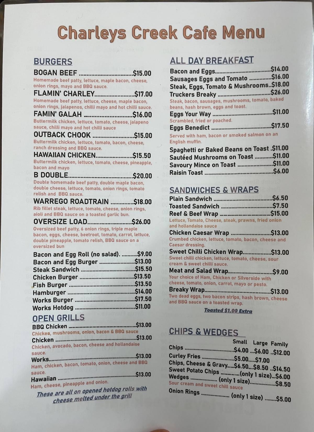Menu at Charleys Creek Cafe, Chinchilla