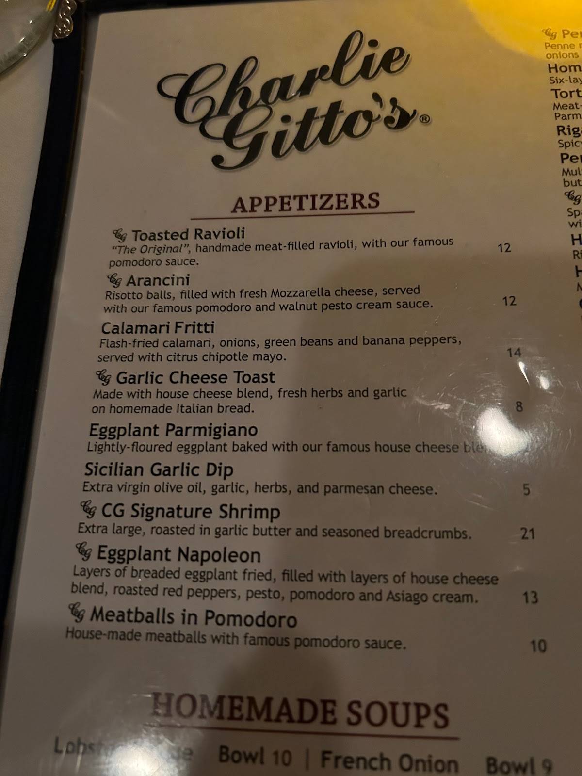 Menu at Charlie Gitto's On the Hill restaurant, St. Louis, Shaw Ave