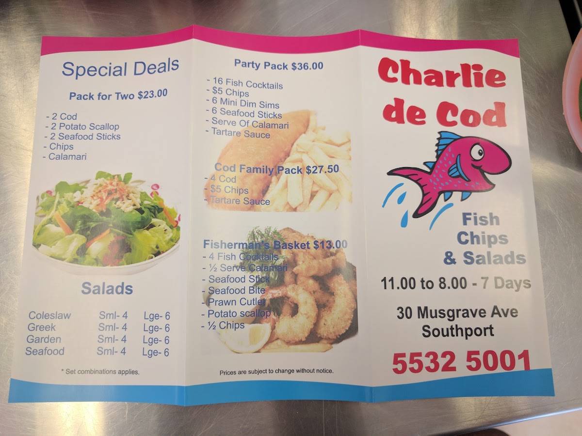 Menu at Charlie de Cod Southport restaurant, Southport, 30 Musgrave Ave