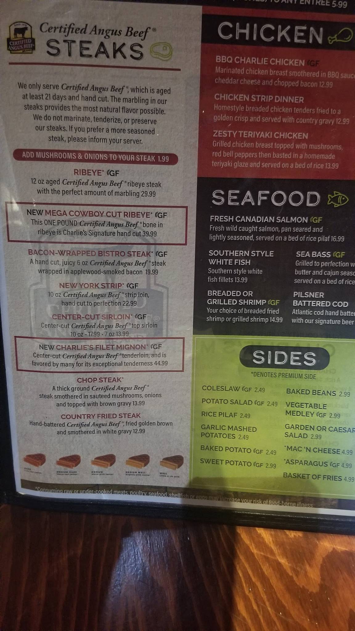 Menu at Charlie's Steak, Ribs & Ale steakhouse, Branson
