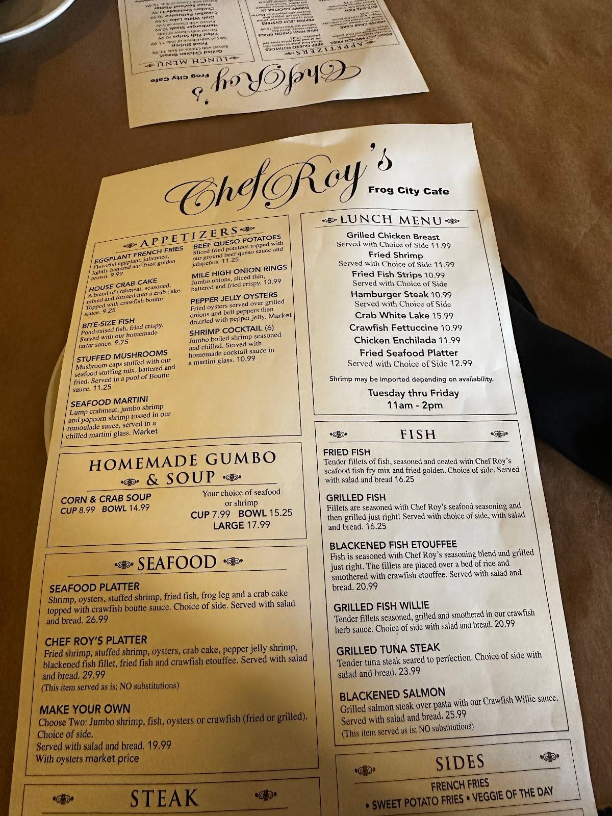 Menu at Chef Roy's Frog City Cafe, Rayne