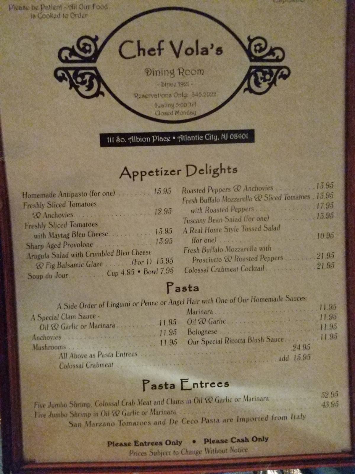 Menu at Chef Vola's restaurant, Atlantic City