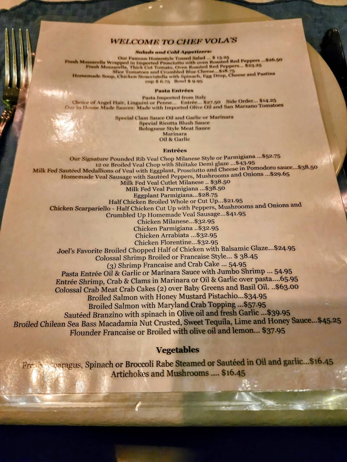 Menu at Chef Vola's restaurant, Atlantic City