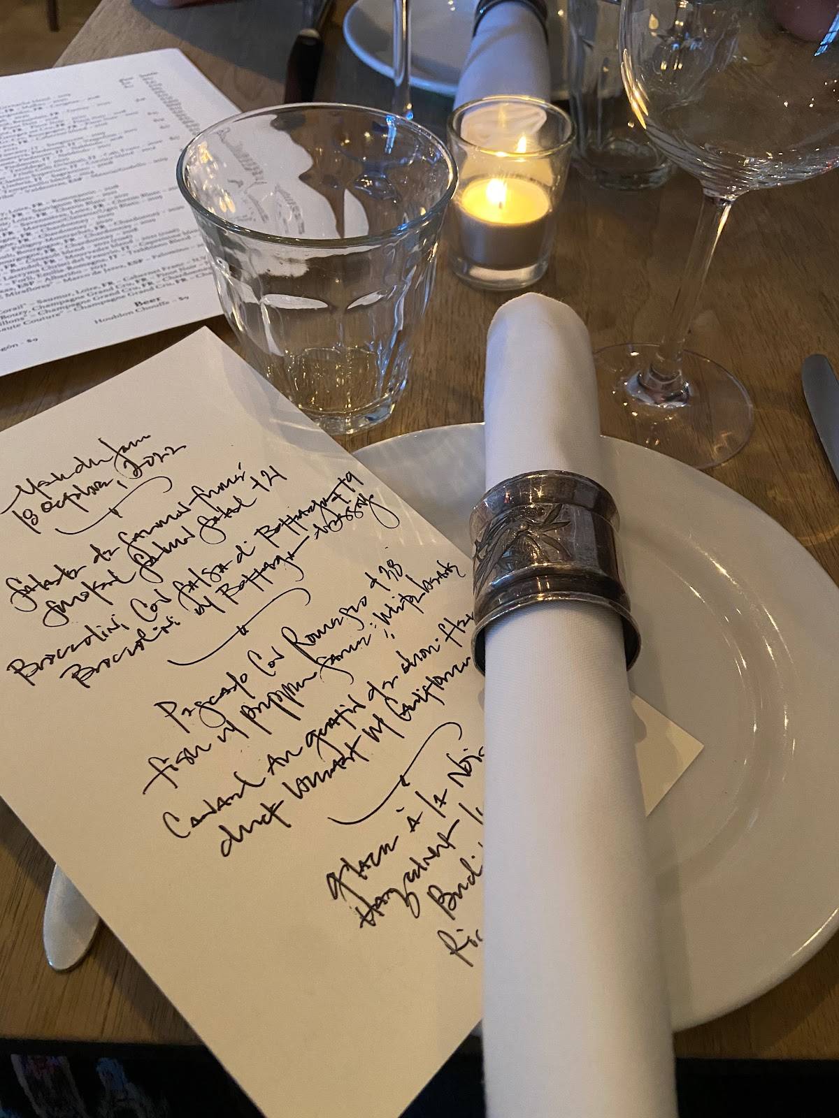 Menu at Chez Nous restaurant, Charleston