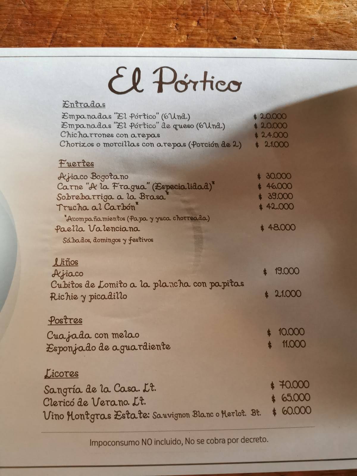 Carta de Restaurante El Portico, Chía