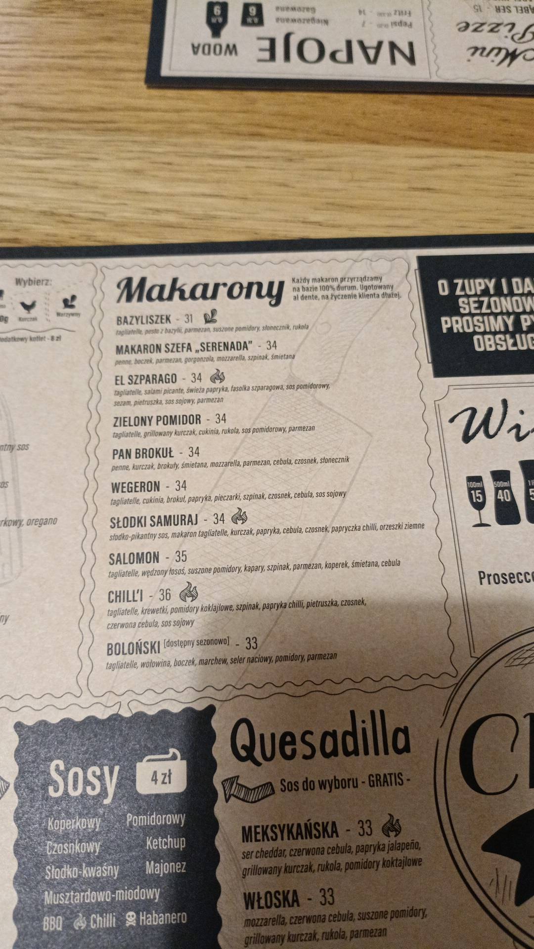 Menu at Chill'i restaurant, Wronki