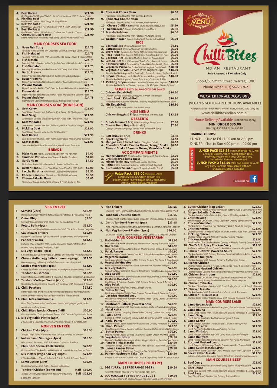 Menu at Chilli Bites restaurant, Warragul