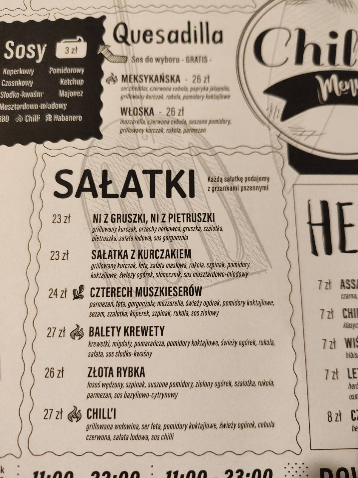Menu at Chill'i restaurant, Wronki