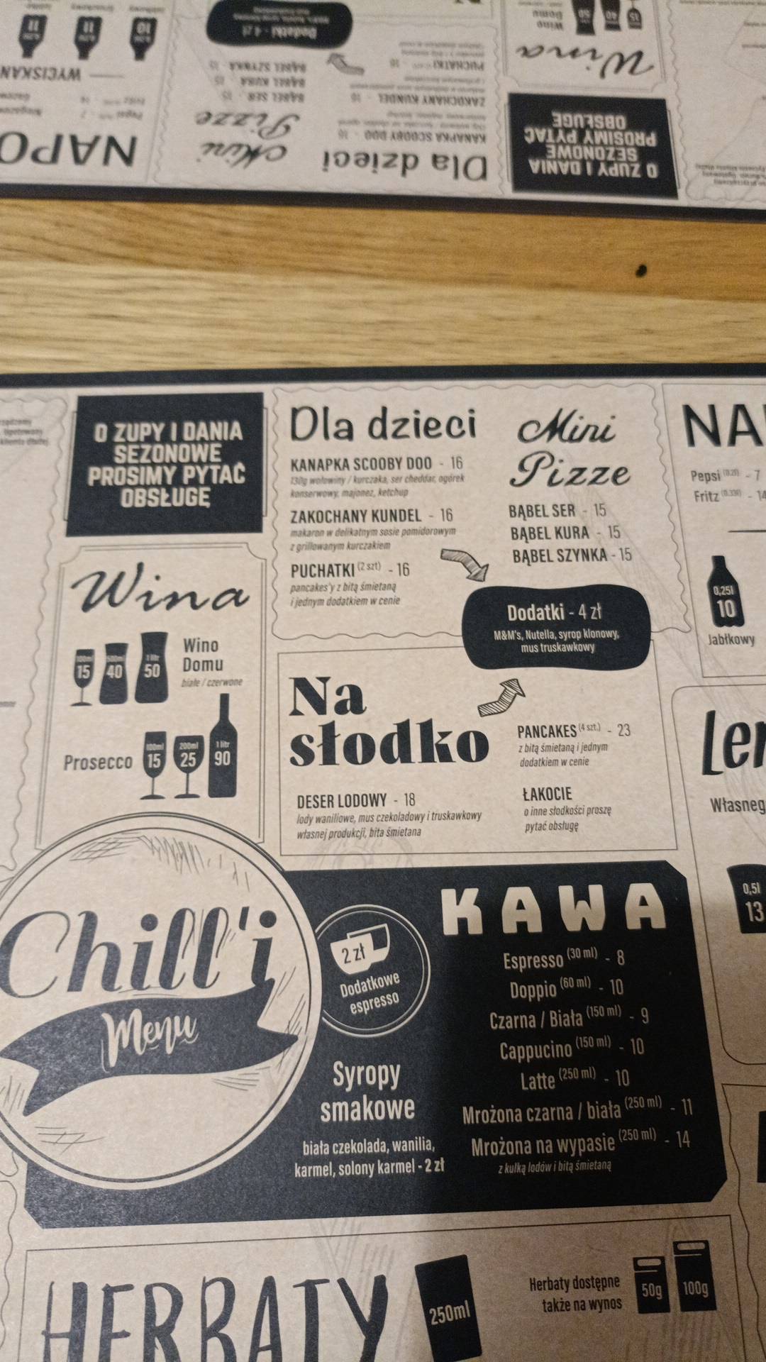 Menu at Chill'i restaurant, Wronki