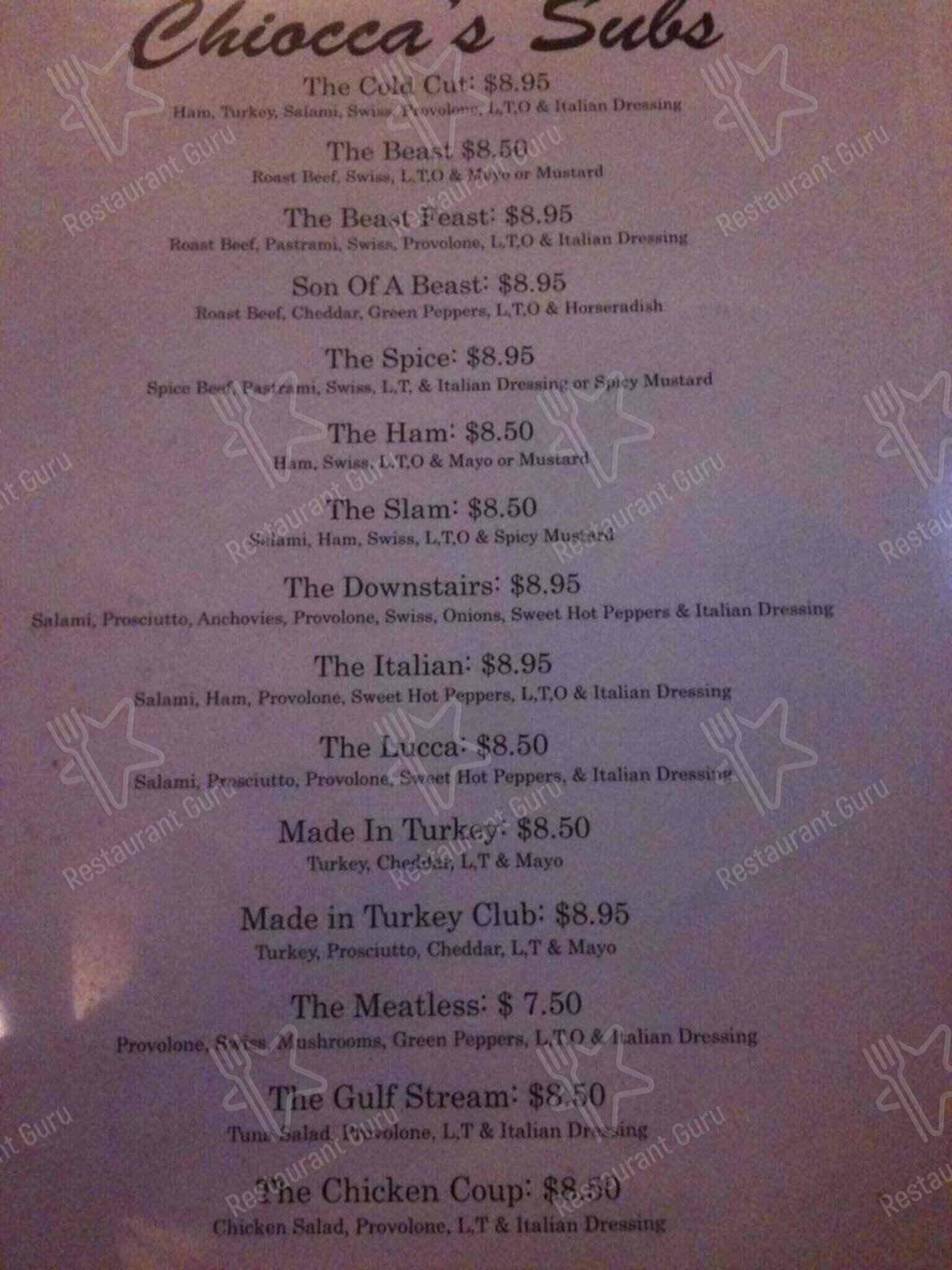 Menu at Chiocca's restaurant, Richmond