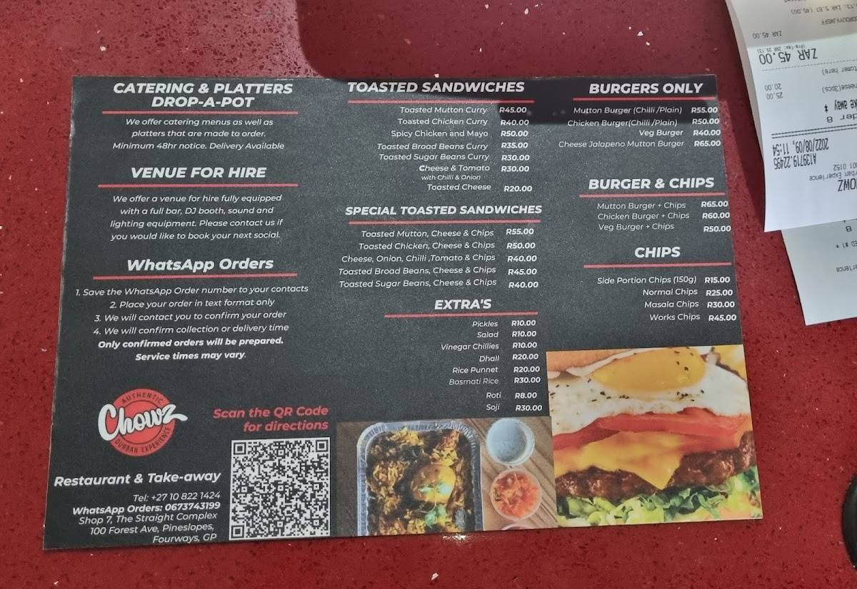 Menu at Chowz Authentic Durban Experience restaurant, Randburg