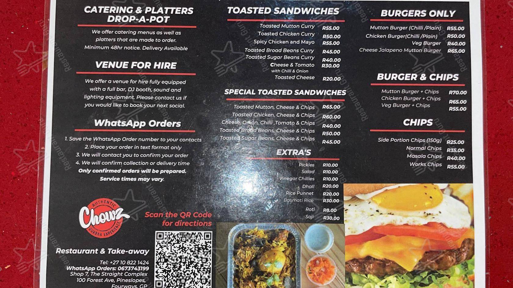Menu at Chowz Authentic Durban Experience restaurant, Randburg