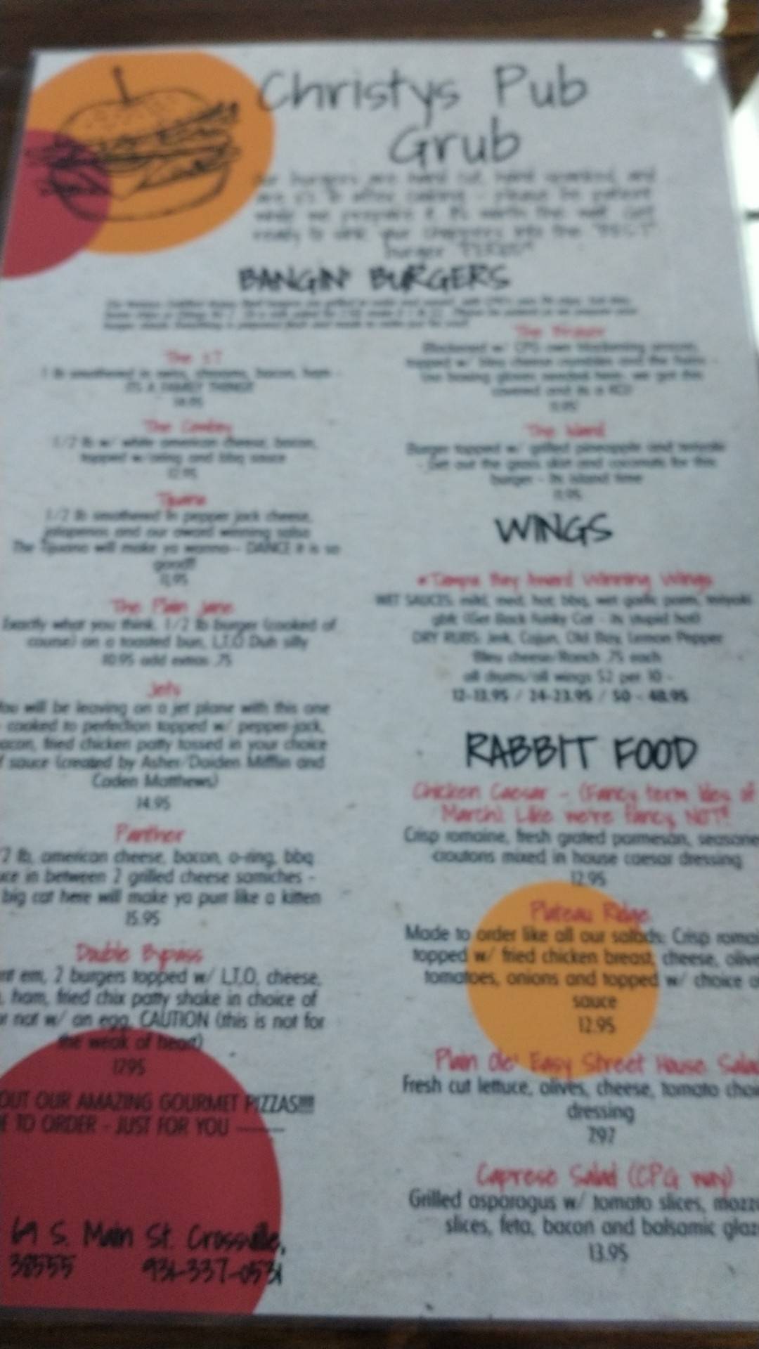 Menu at Christy's Pub Grub, Crossville
