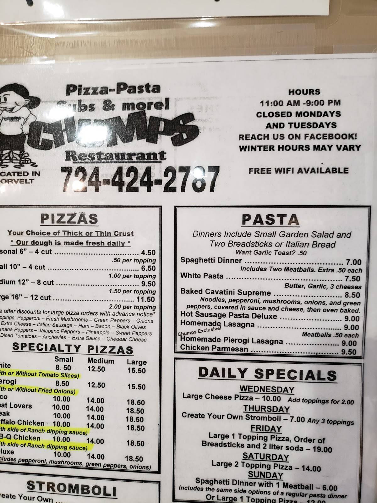 Menu at Chumps Restaurant, USA