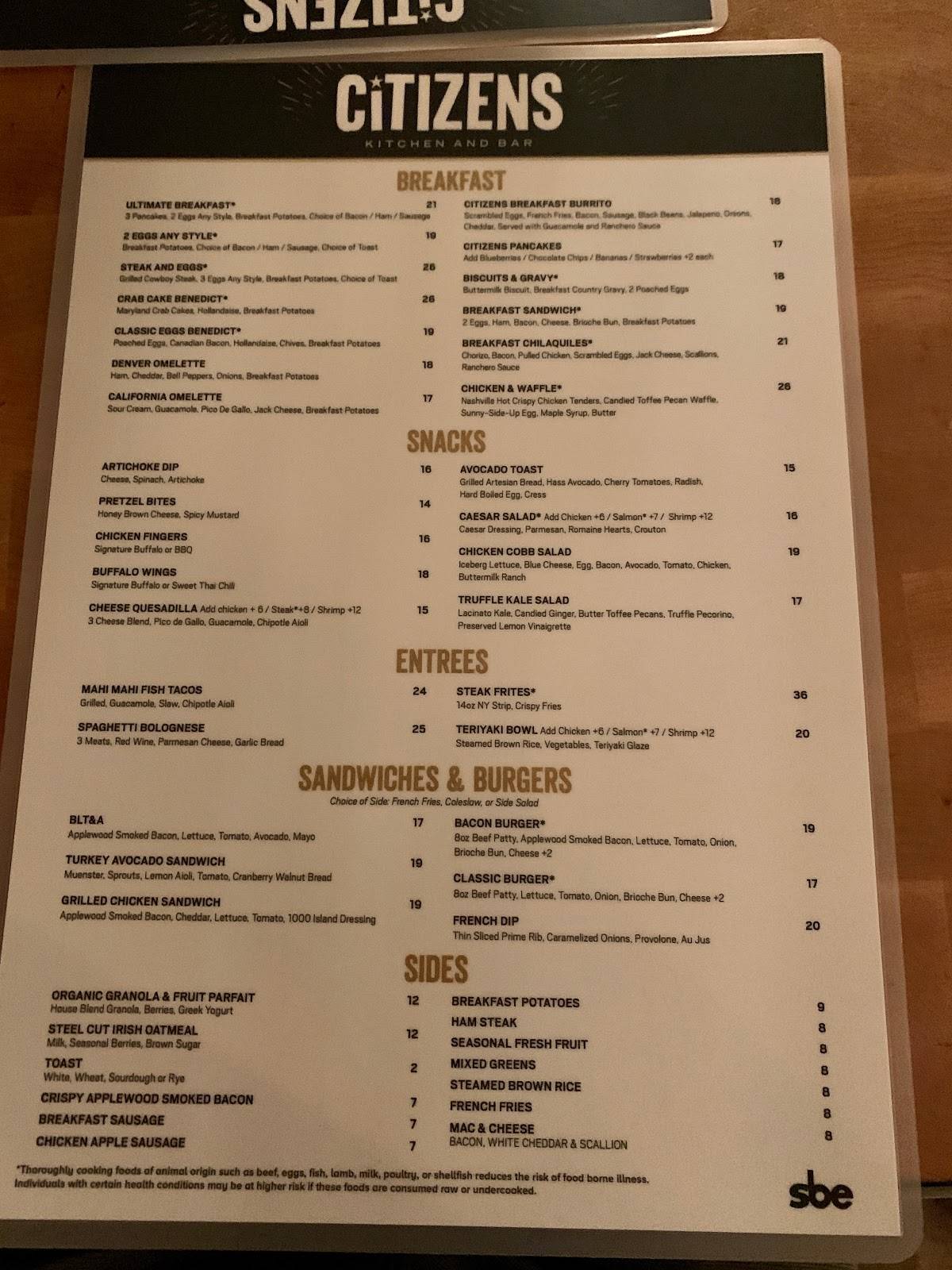 Menu at Citizens Kitchen & Bar, Las Vegas