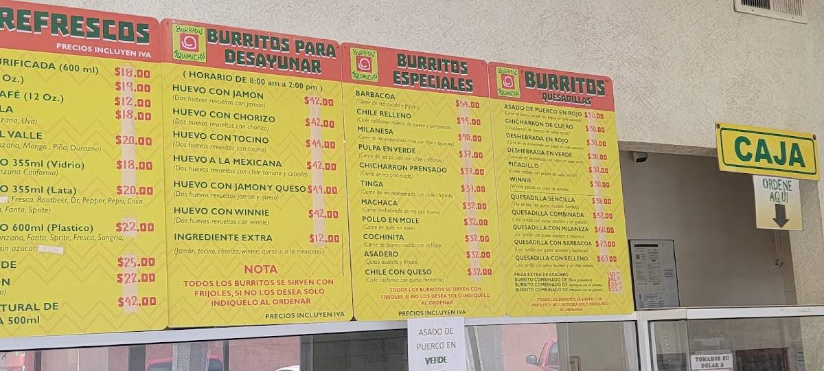 Menu at Burritos Aquimichú restaurant, Ciudad Juarez