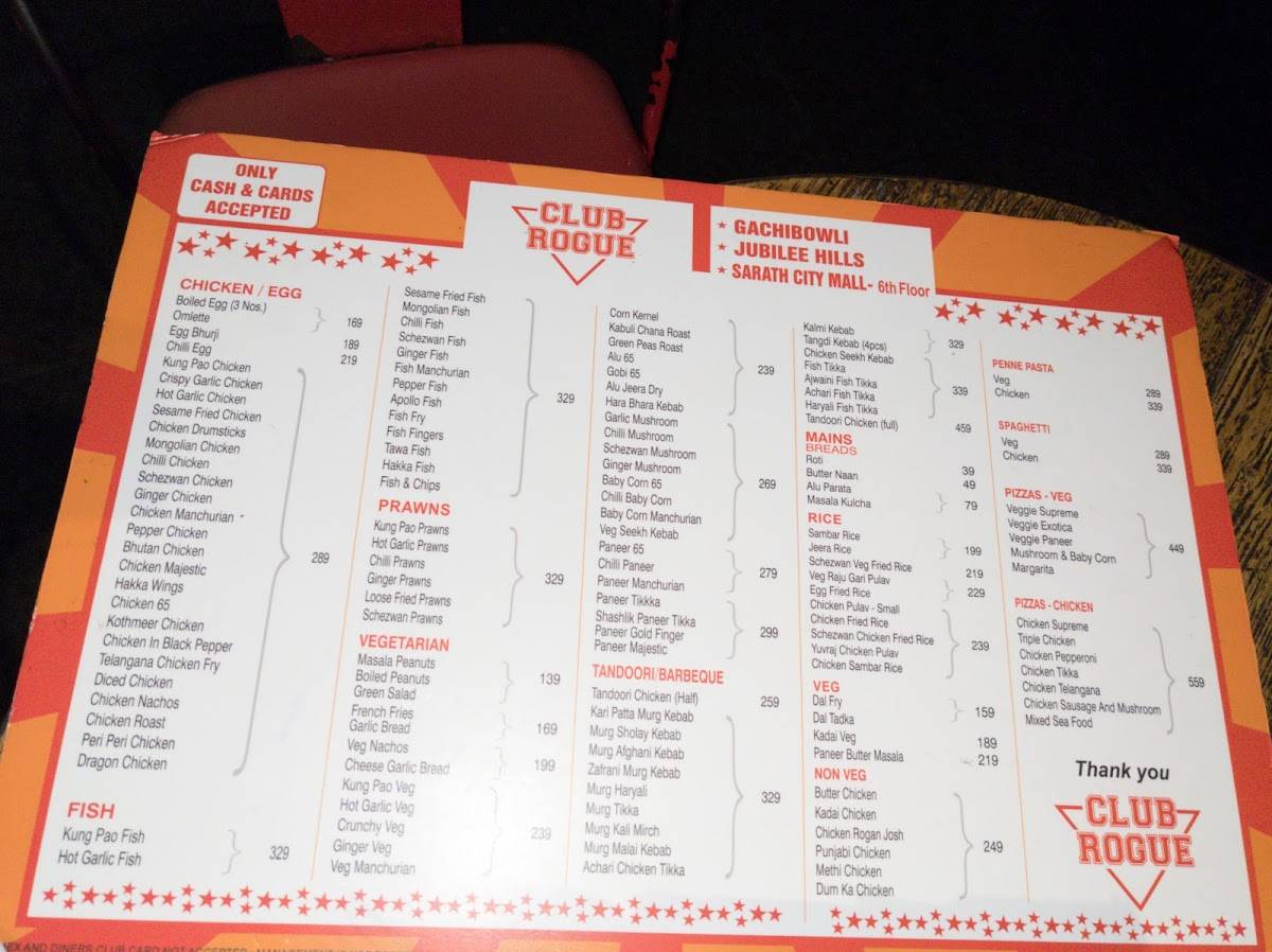 Menu at Club Rogue Gachibowli, Hyderabad, 2nd Floor