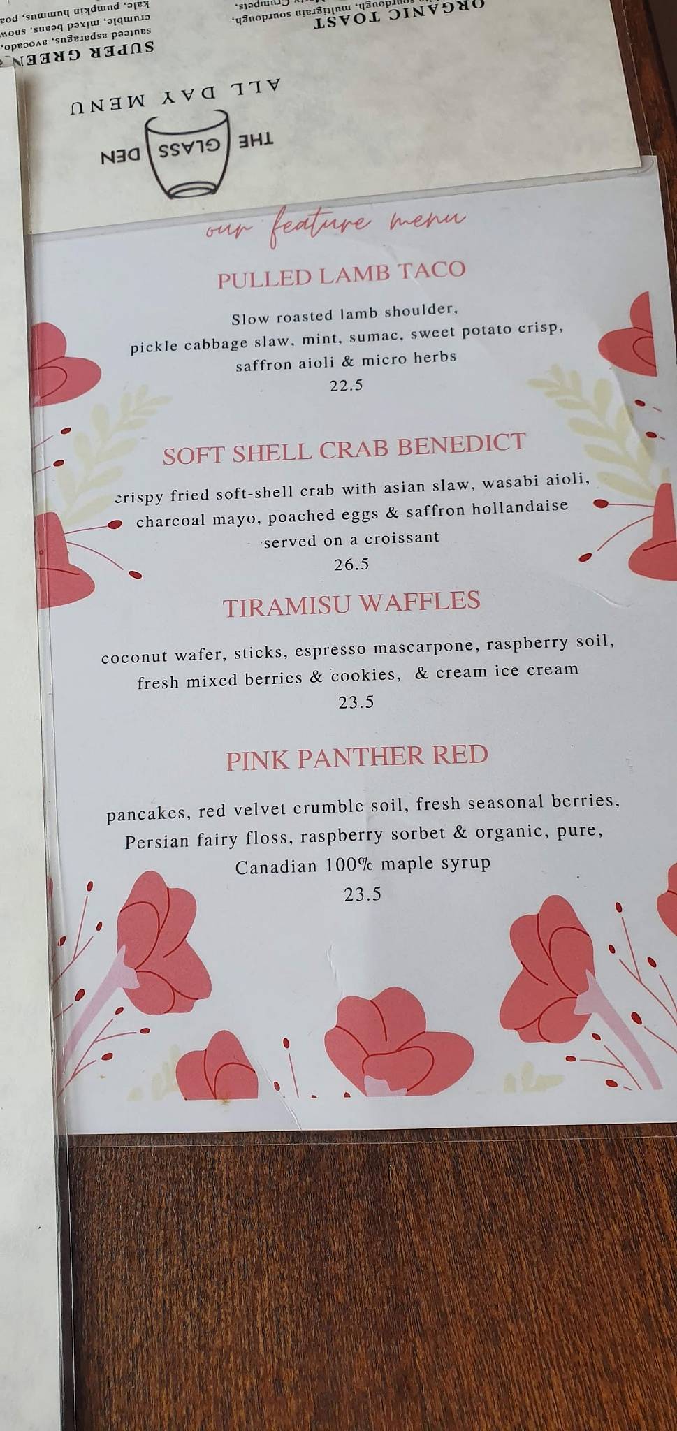 Menu at The Glass Den cafe, Coburg