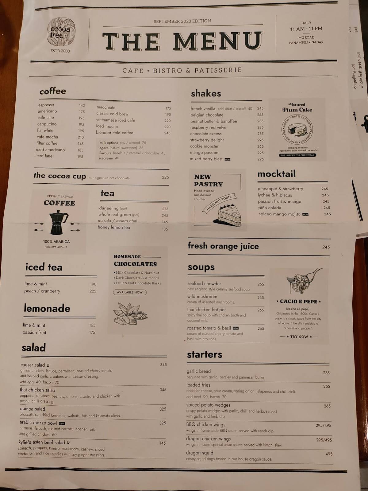 Menu at Cocoa Tree - MG Road, Kochi, The Avenue Regent