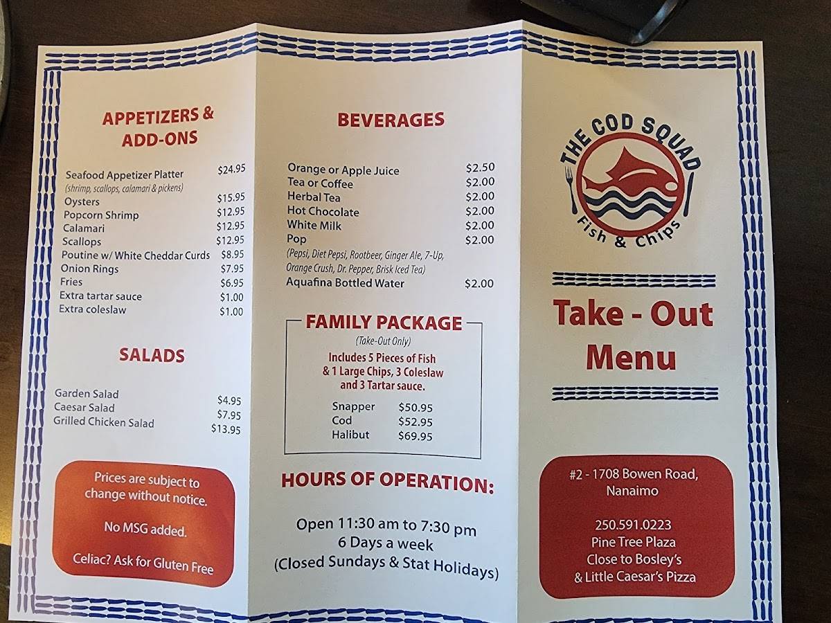 Menu at Cod Squad Fish & Chips restaurant, Nanaimo