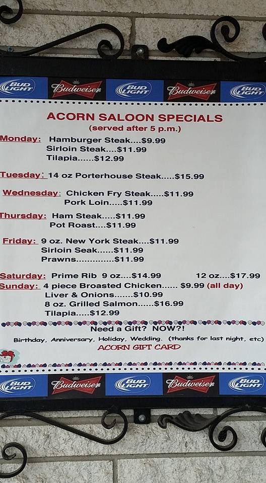 Menu at Acorn Saloon & Feeding Station pub & bar, Colville