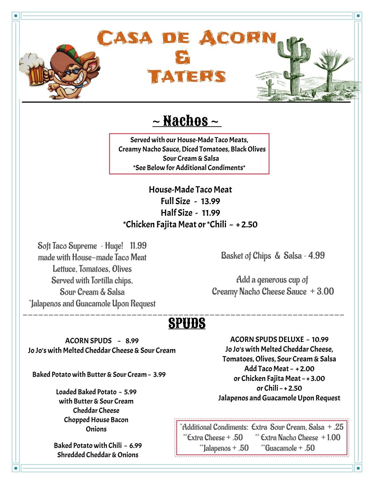 Menu at Acorn Saloon & Feeding Station pub & bar, Colville