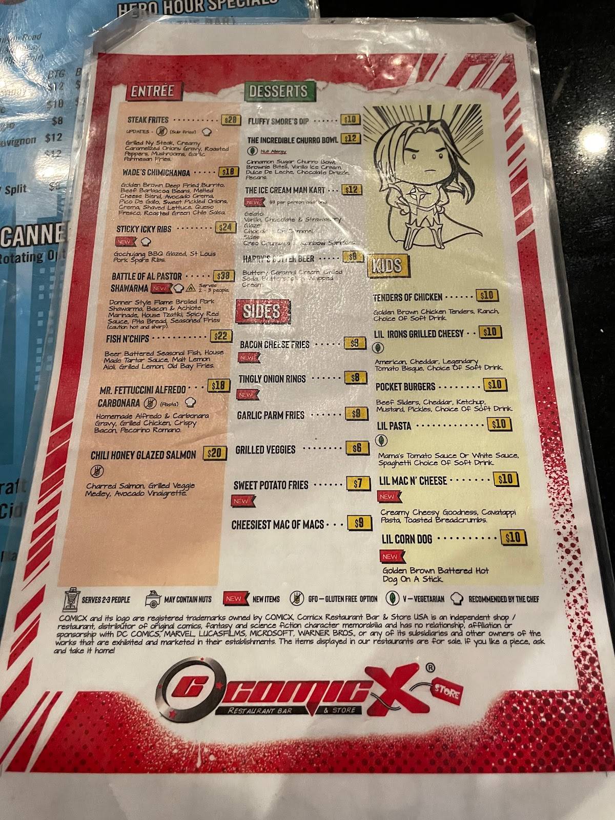 Menu at Comicx Restaurant Bar & Store, Phoenix
