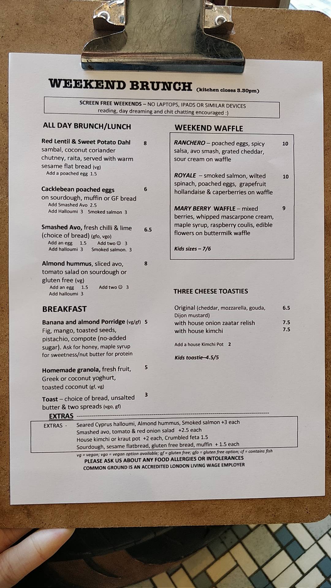 Menu at Common Ground cafe, London, 49 Stroud Green Rd