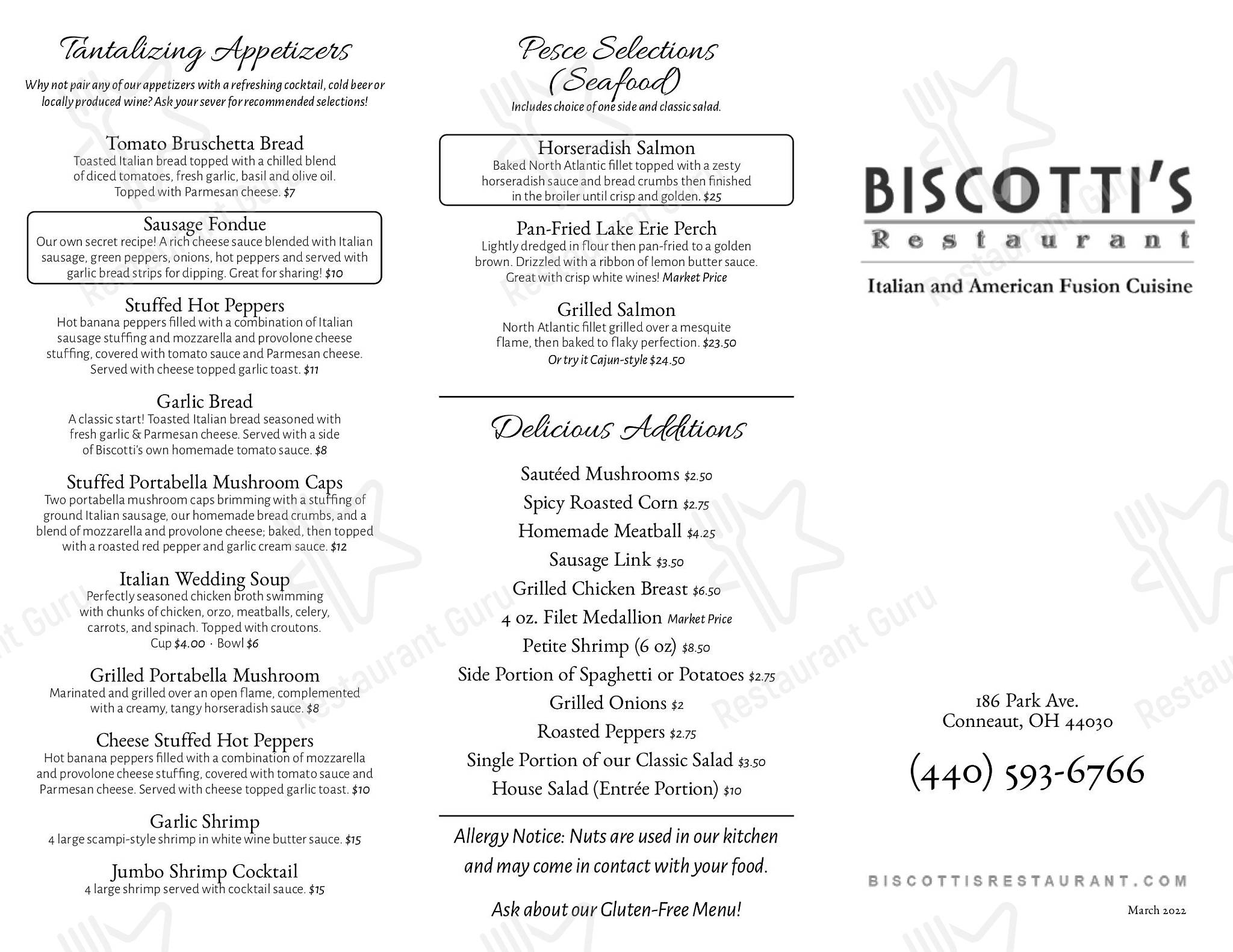 Menu at Biscotti's Restaurant, Conneaut