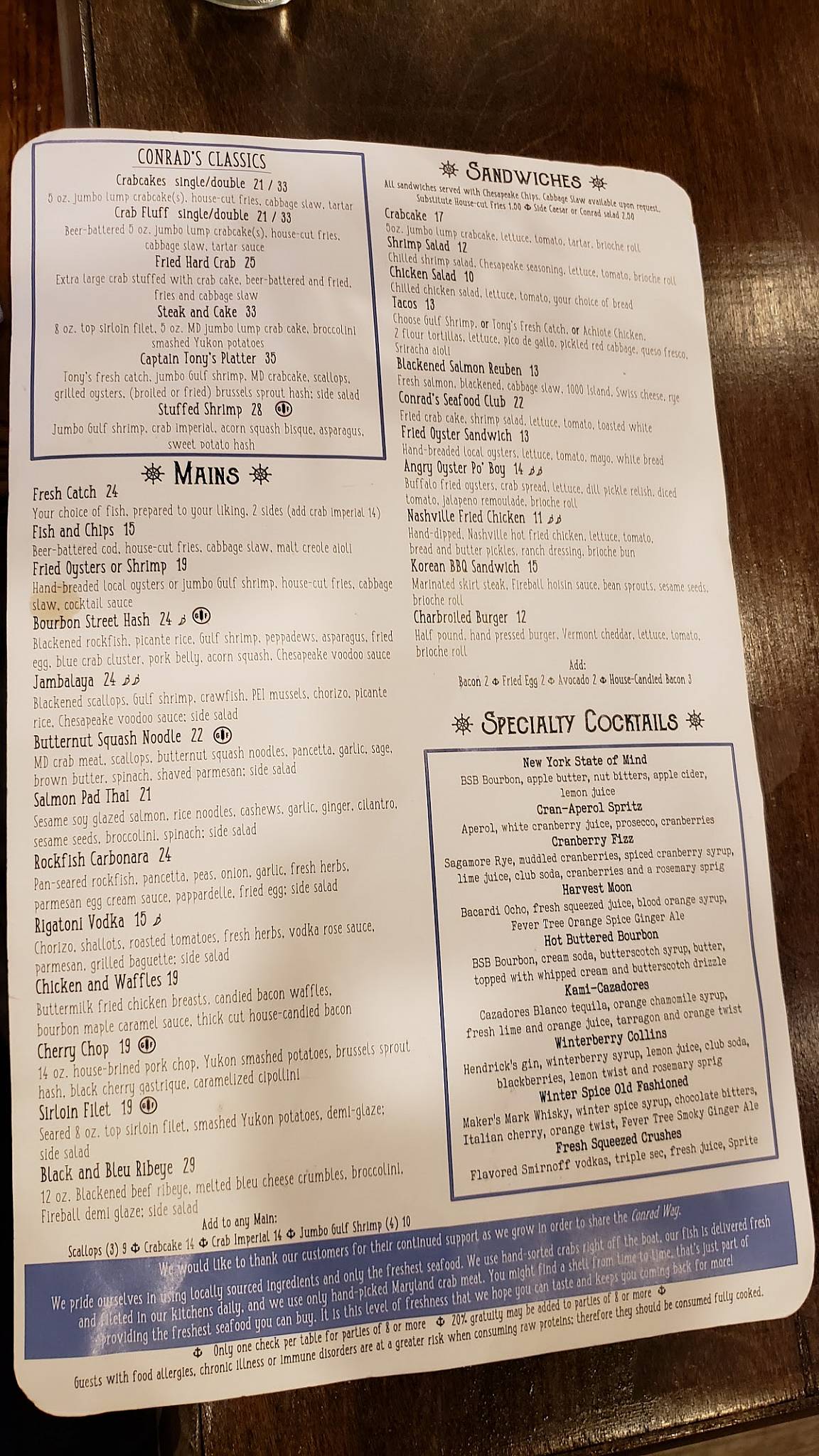Menu at Conrad's Seafood Restaurant - Abingdon, Abingdon