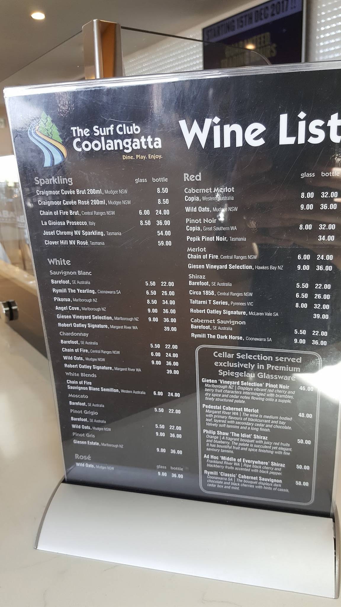 Menu at Coolangatta Surf Club, Coolangatta, Marine Parade