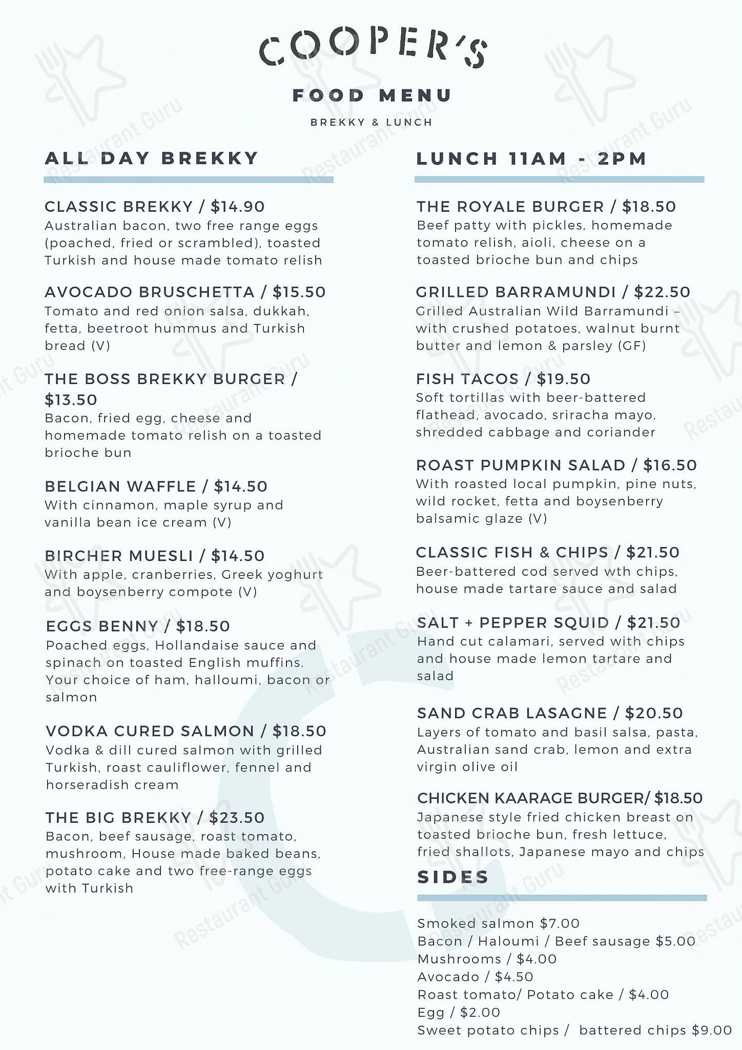 Menu at Cooper's Speciality Coffee and Tap House restaurant, Manly