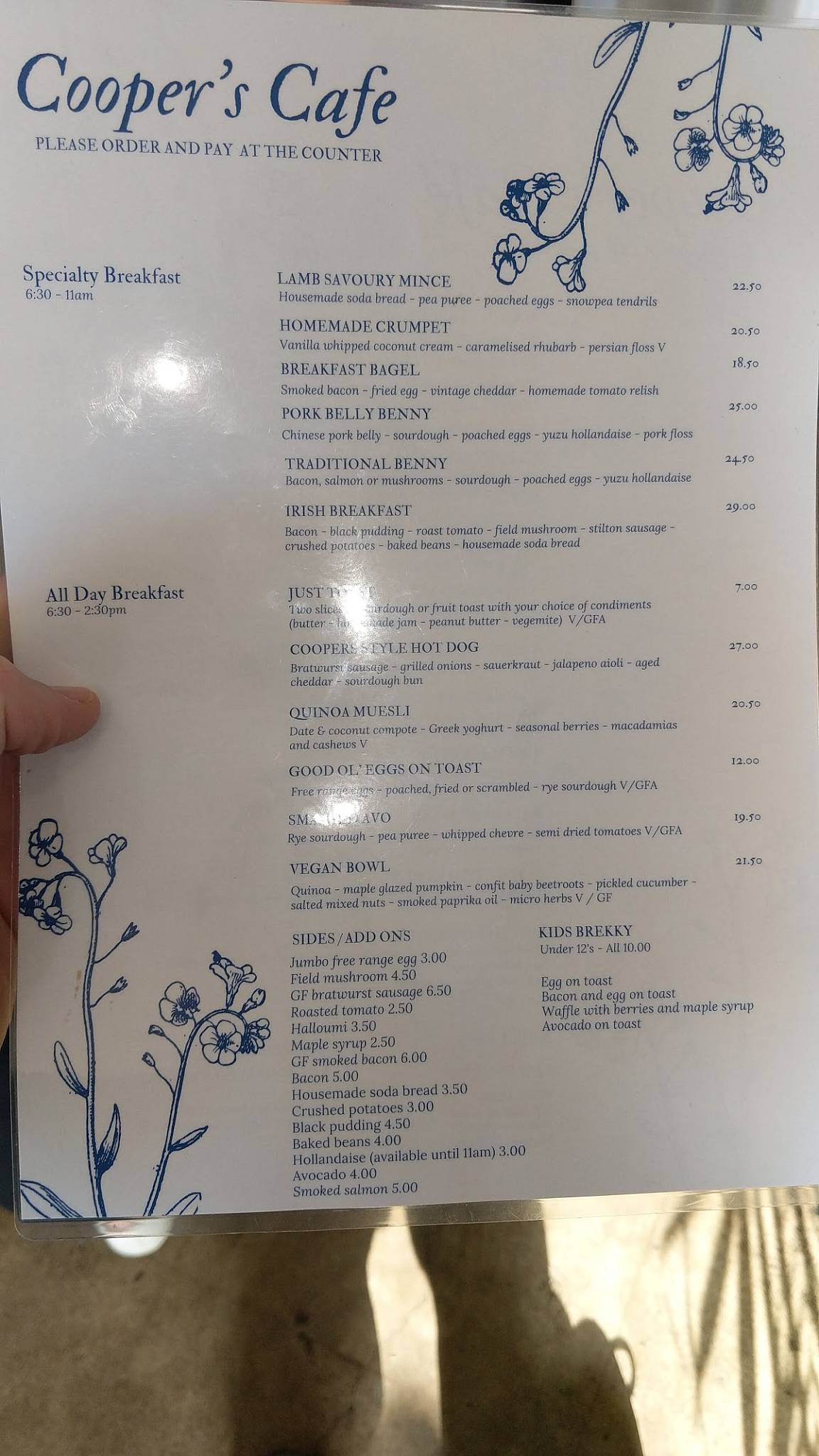 Menu at Cooper's Speciality Coffee and Tap House restaurant, Manly