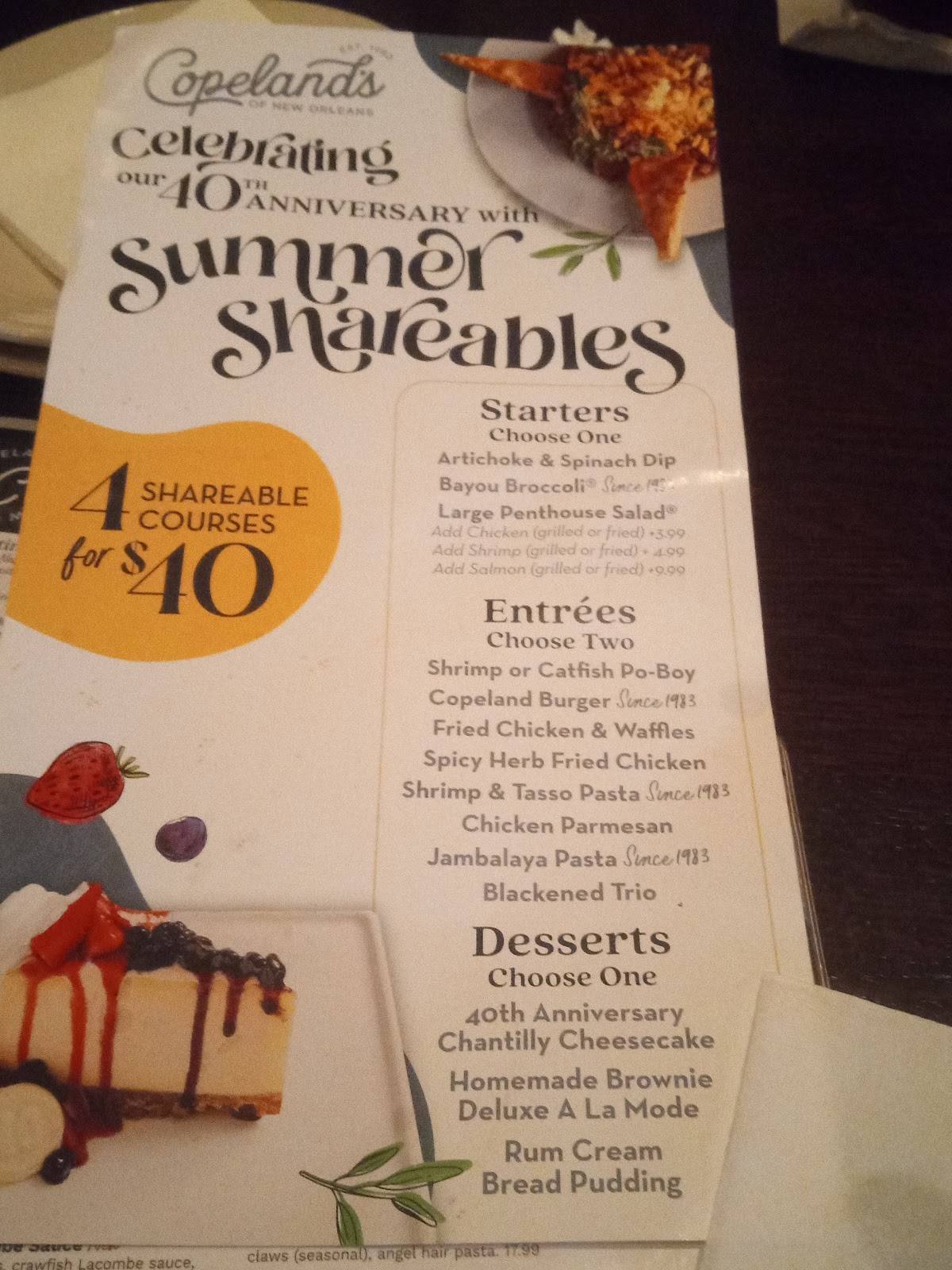 Menu at Copeland's of New Orleans restaurant, Kenner, W Esplanade Ave