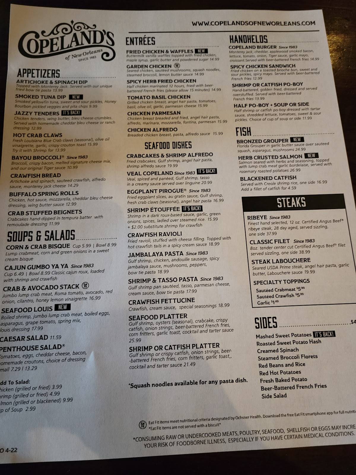 Menu at Copeland's of New Orleans restaurant, Kenner, W Esplanade Ave