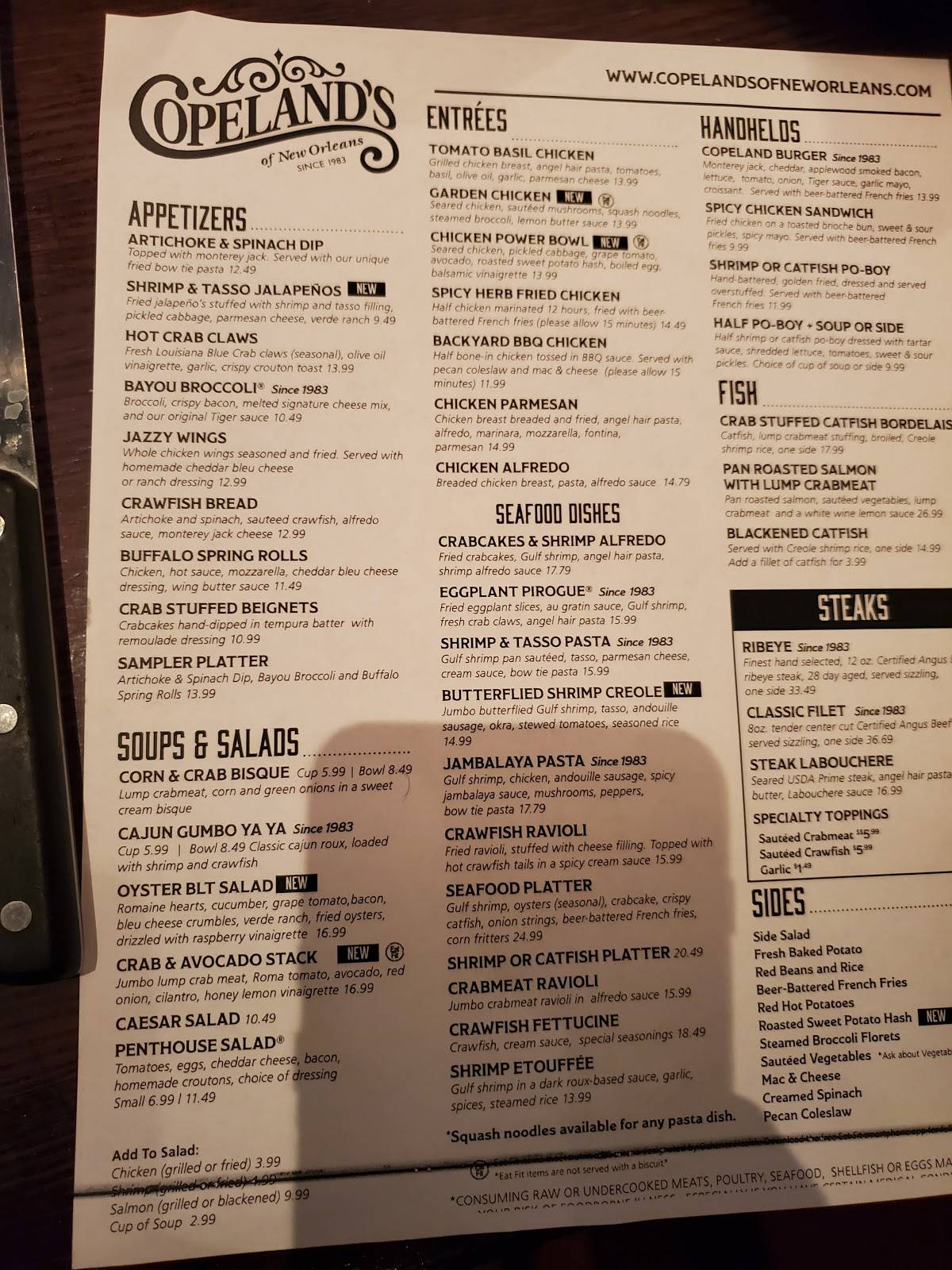 Menu at Copeland's of New Orleans restaurant, Kenner, W Esplanade Ave