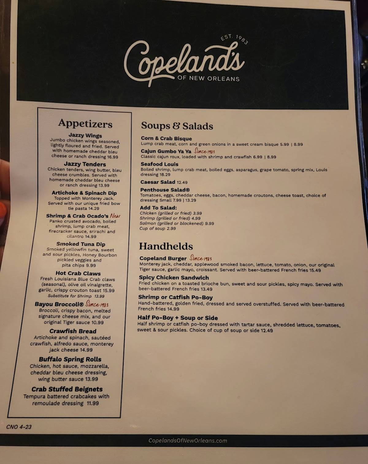 Menu at Copeland's of New Orleans restaurant, Kenner, W Esplanade Ave