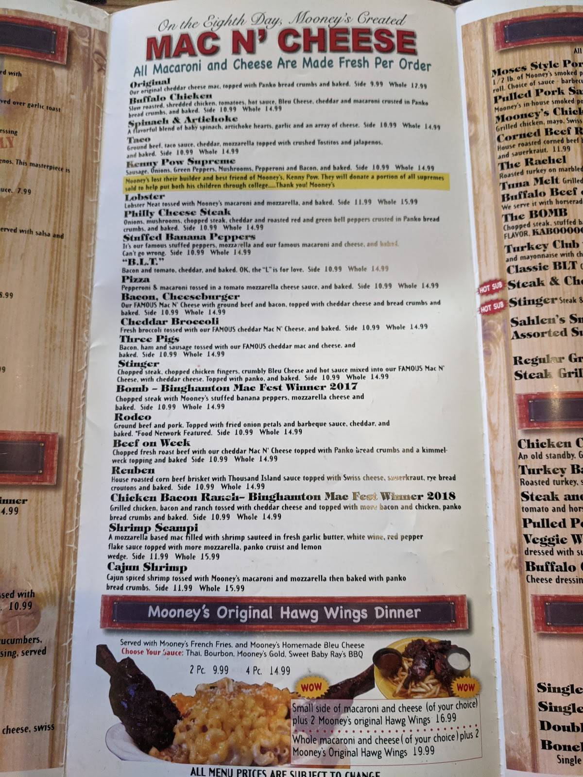 Menu at Mooney's Sports Bar & Grill, Corning