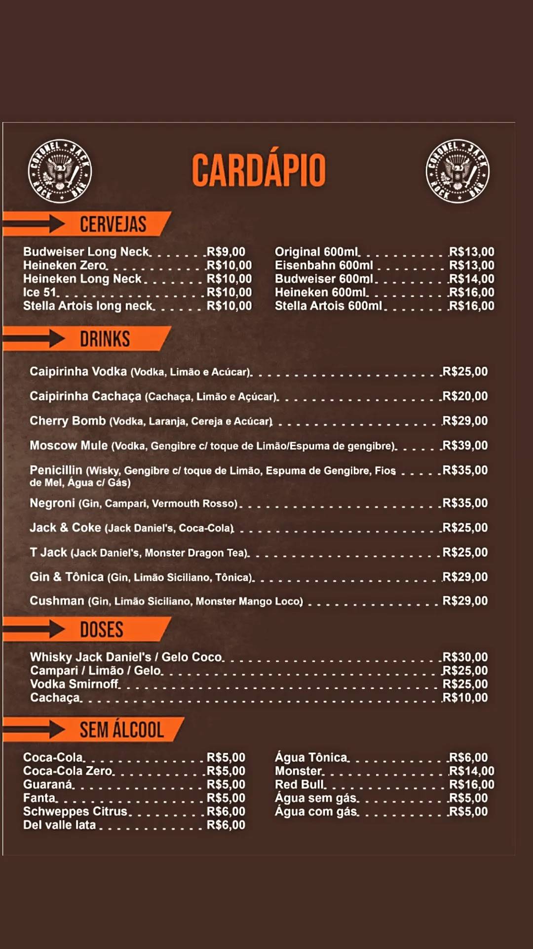 Menu em Coronel Jack Rock Bar, Campinas, R. Vital Brasil, 40