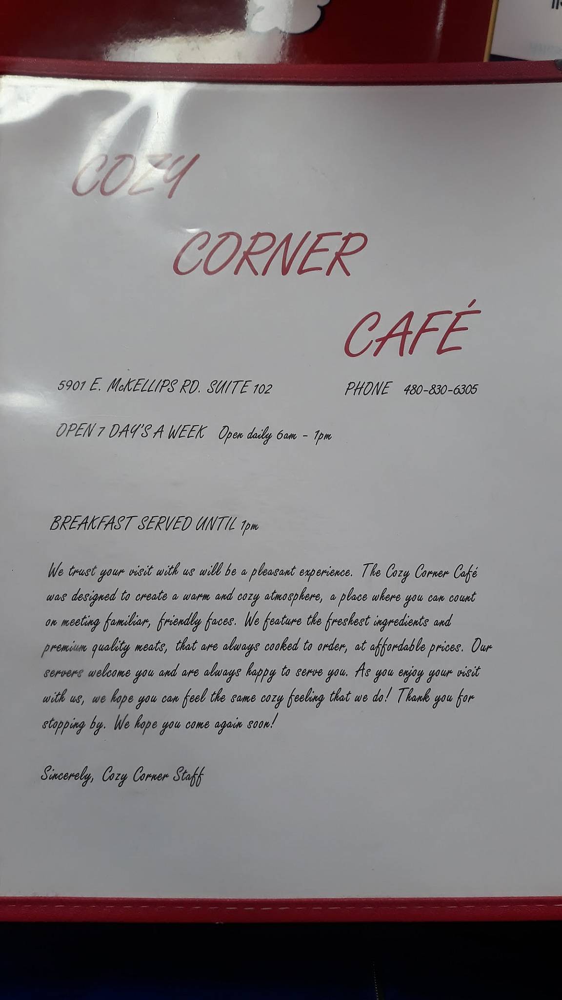 Menu at Cozy Corner Cafe, Mesa, E McKellips Rd #102