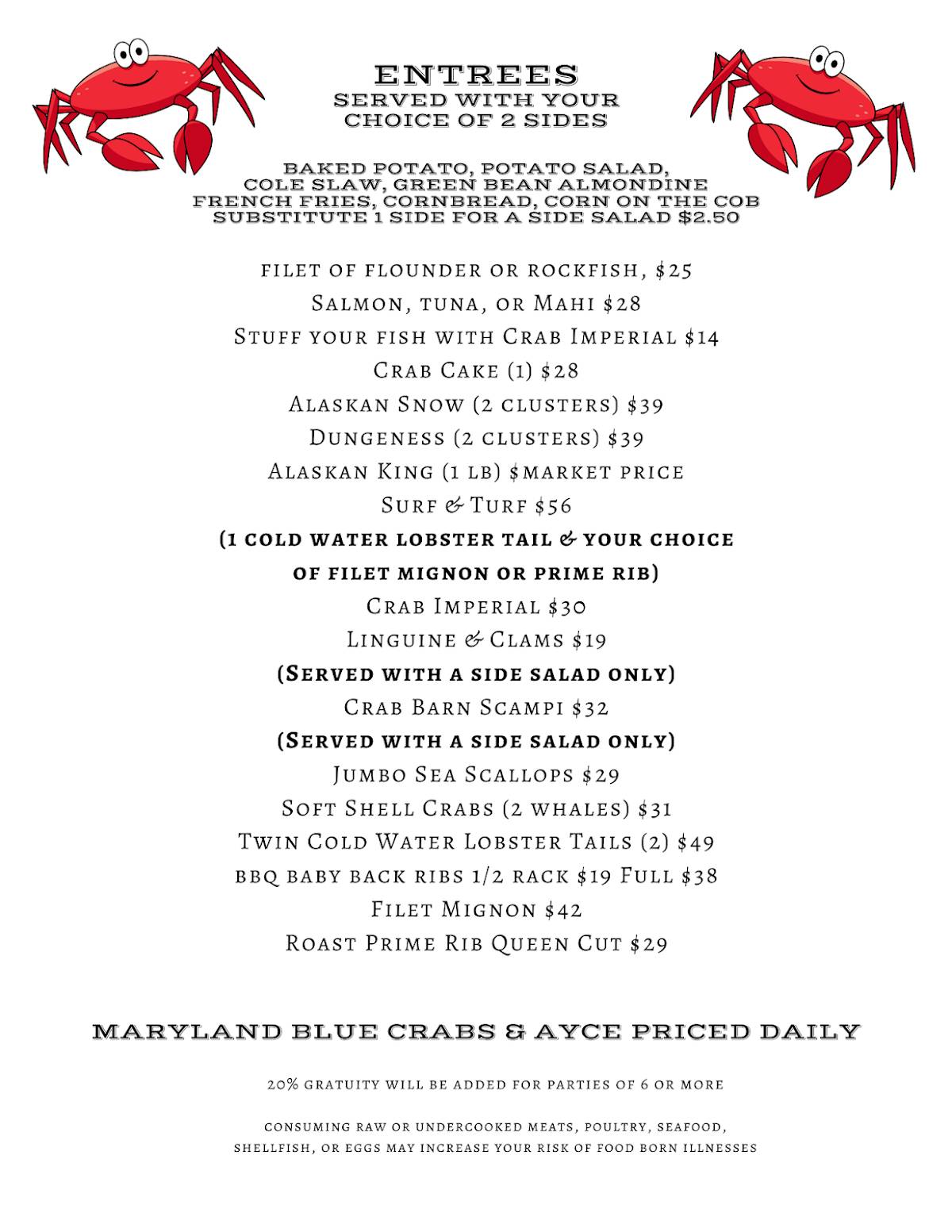 Menu at Crab Barn Restaurant and Lounge, Long Neck, Long Neck Rd