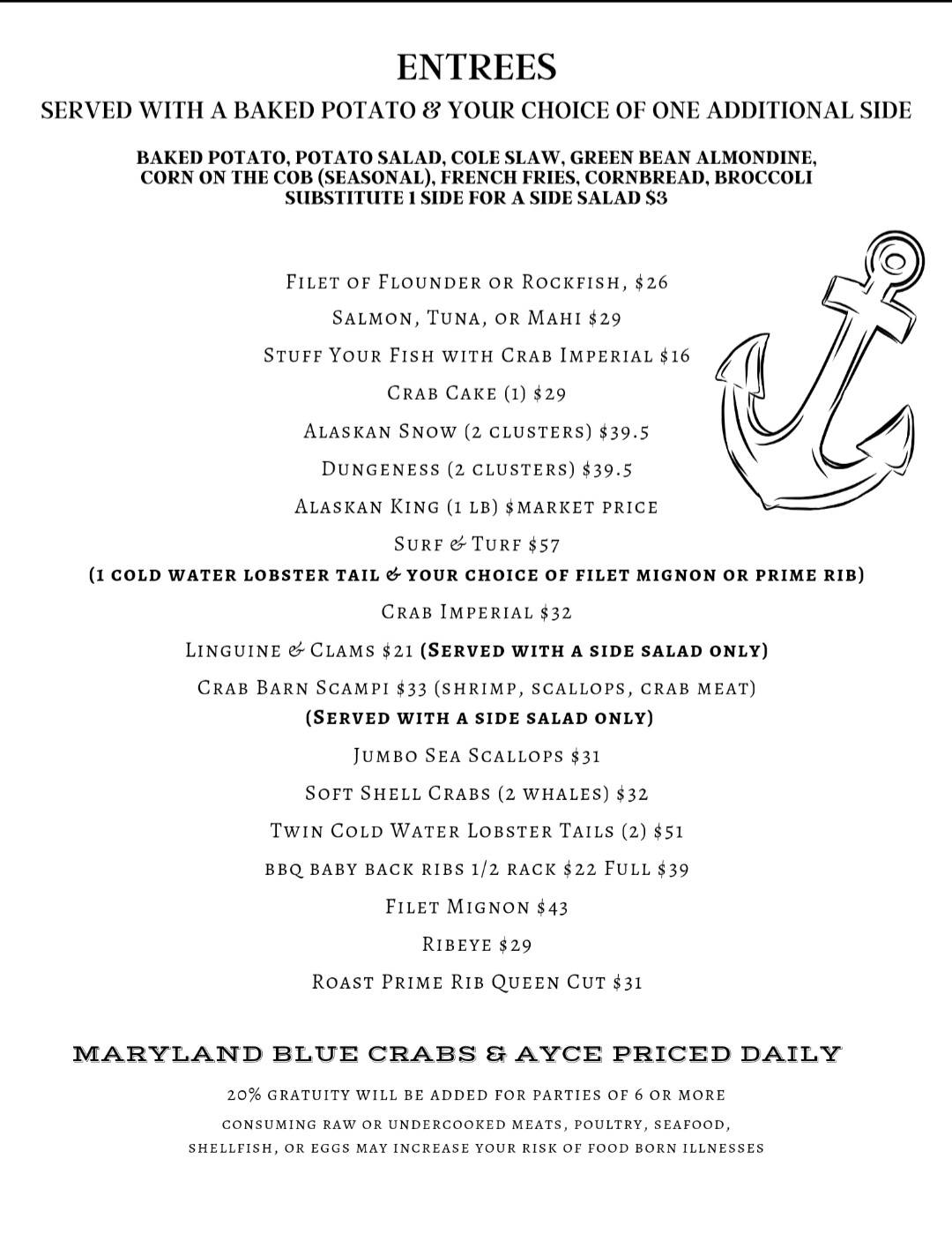 Menu at Crab Barn Restaurant and Lounge, Long Neck, Long Neck Rd