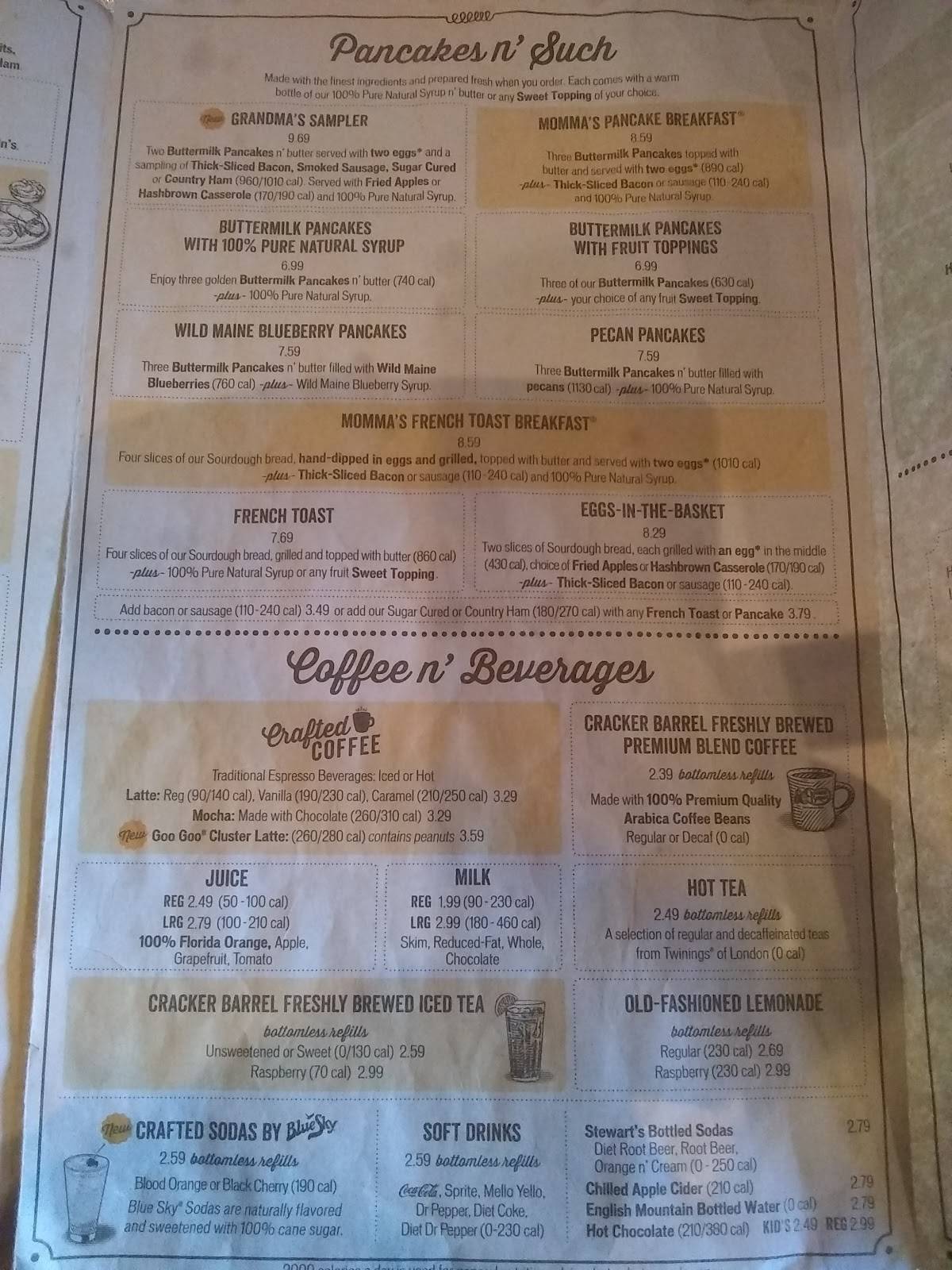 Menu at Cracker Barrel Old Country Store, Ocala, SW College Rd