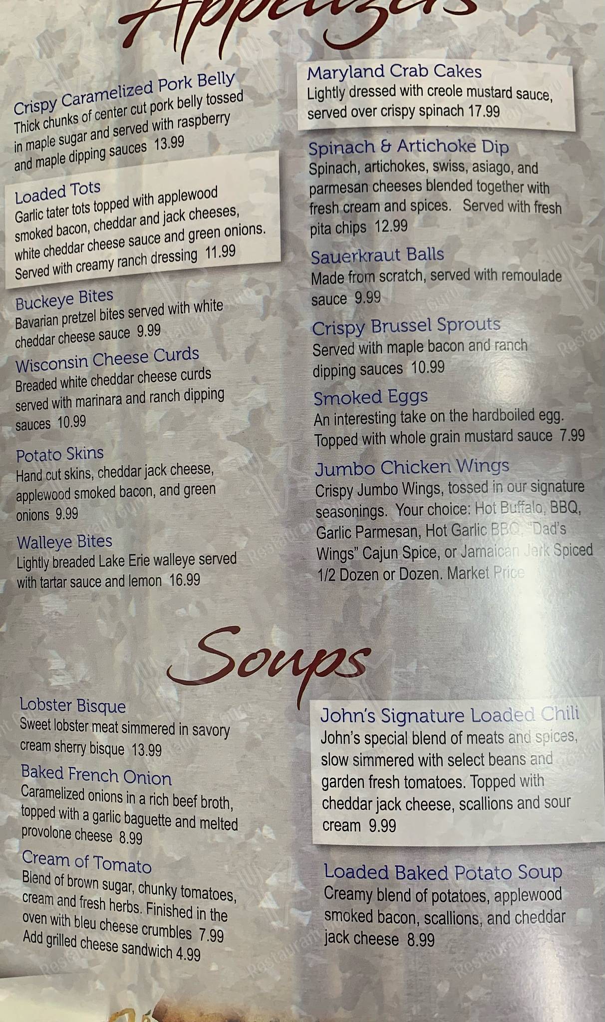 Menu at Crow's Nest restaurant, Lakeside Marblehead