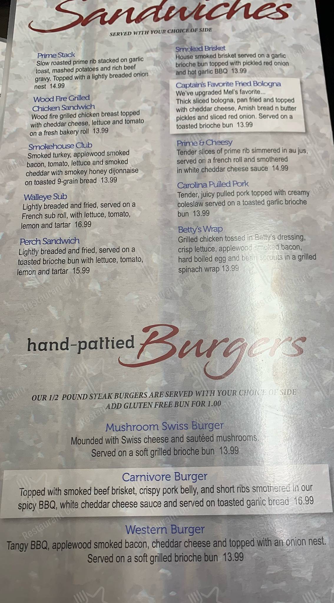 Menu at Crow's Nest restaurant, Lakeside Marblehead