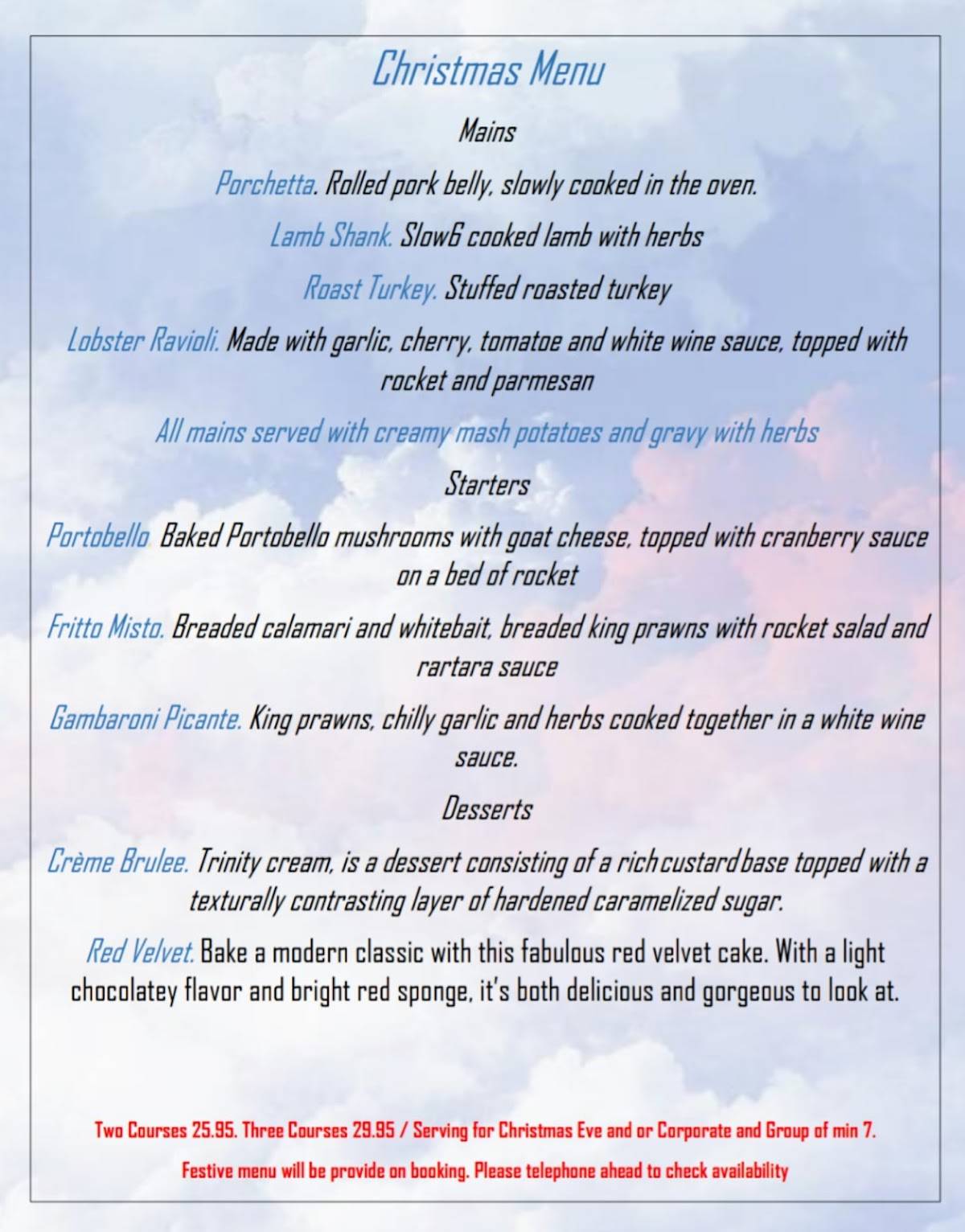 Menu at Cugini’s Italiano restaurant, London