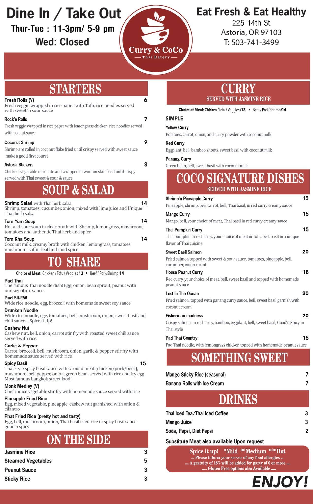 Menu at Curry&CoCo Thai Eatery restaurant, Astoria